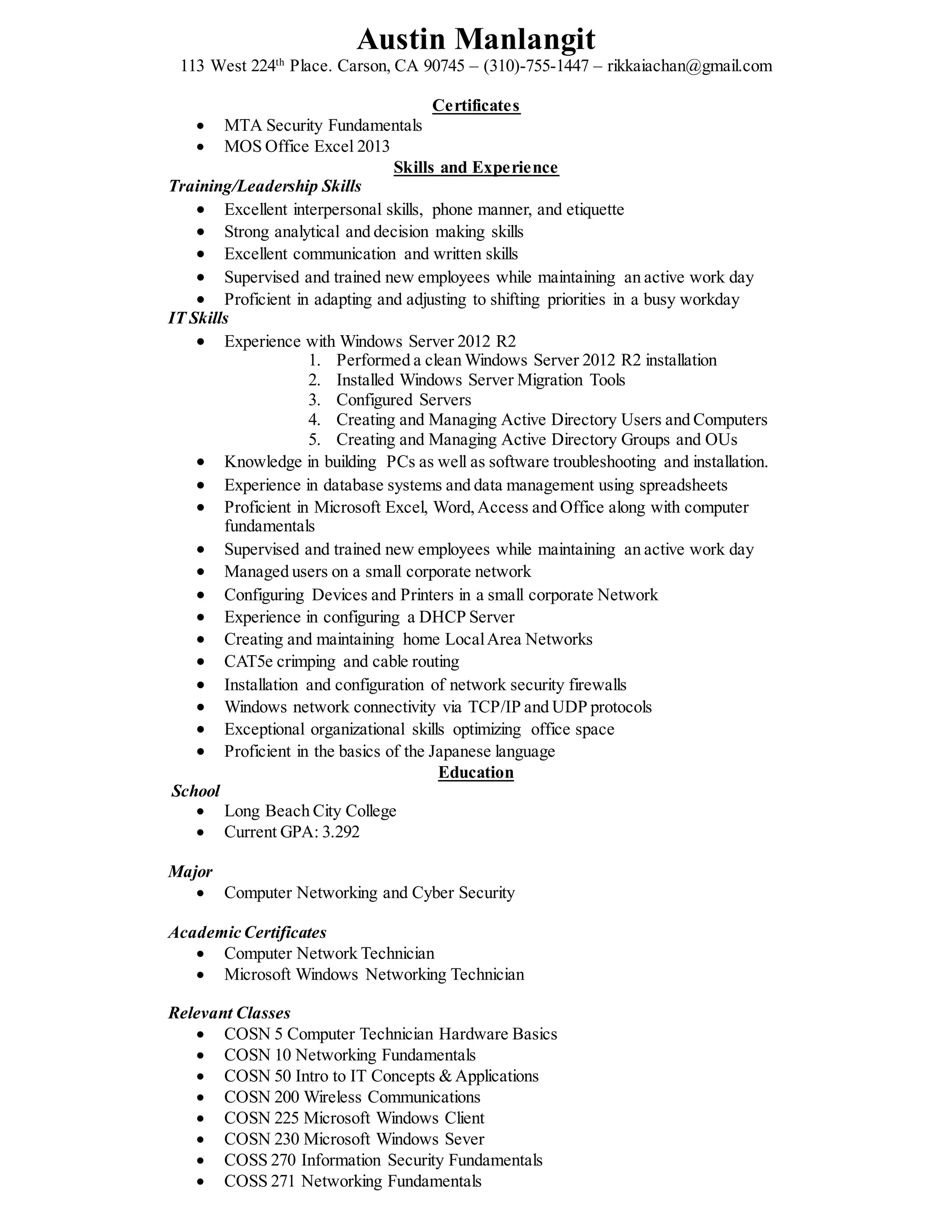 Austin Manlangit Resume | DOCX | Computer Networking | Computing