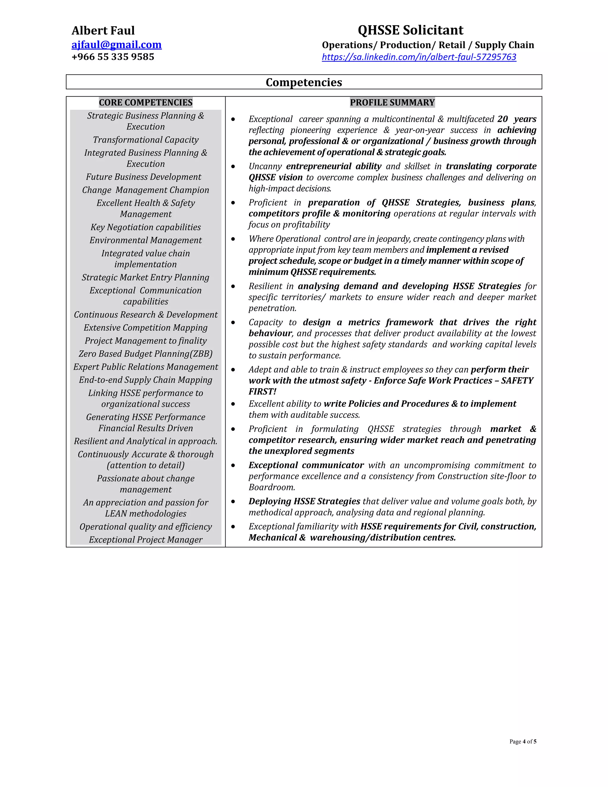 Curriculum Vitae of Albert J. Faul QHSSE_ Saudi Arabia 2016FIN | PDF