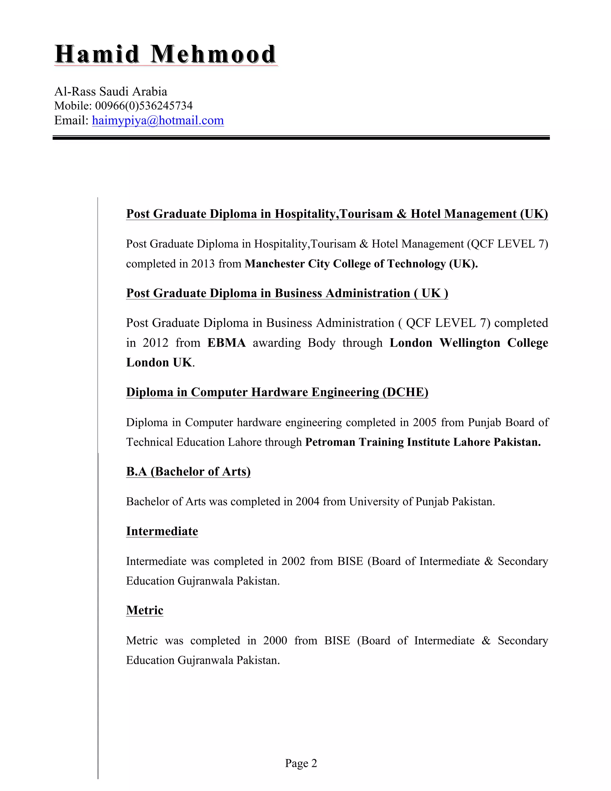 Hamid Mehmood cv updated | PDF | Business Administration | Business