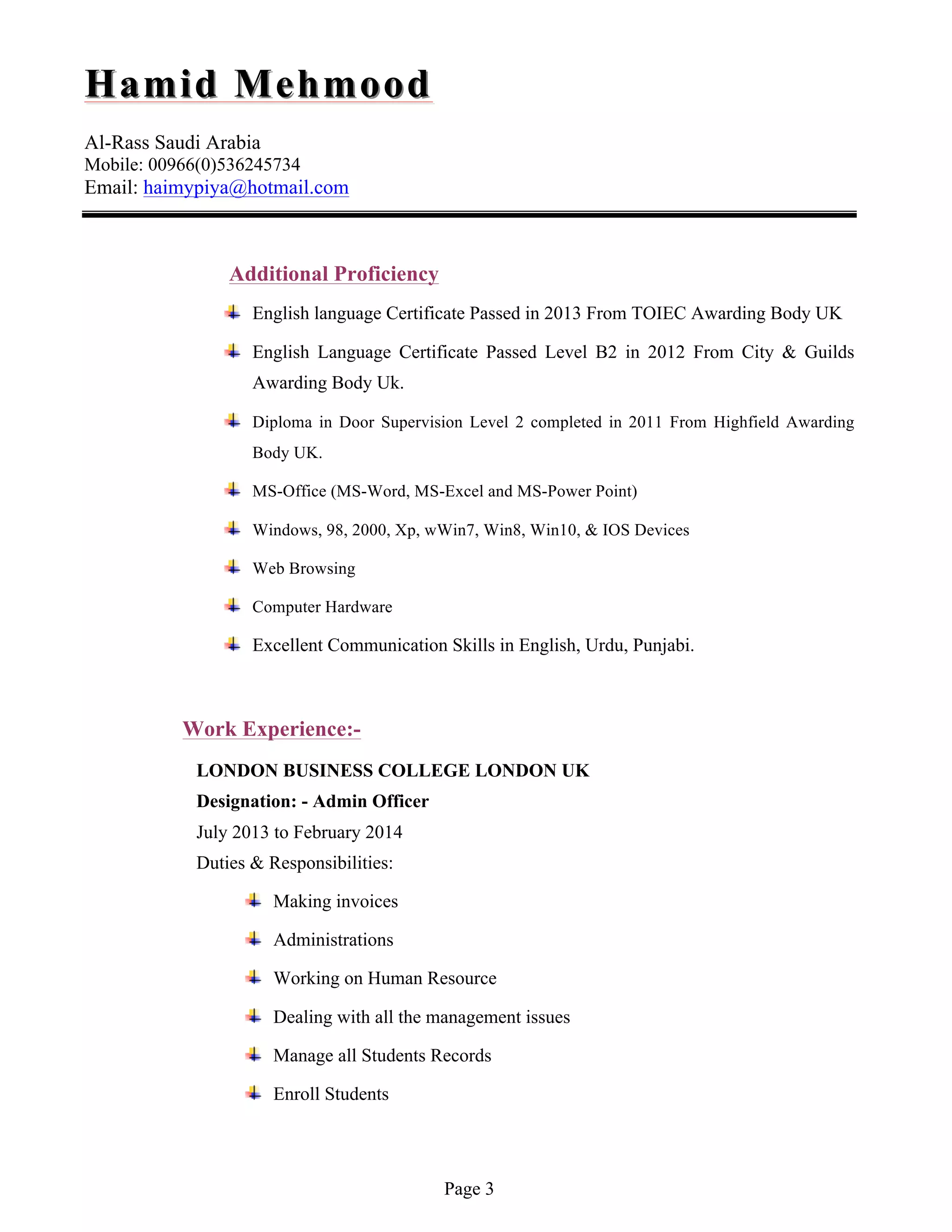 Hamid Mehmood cv updated | PDF | Business Administration | Business
