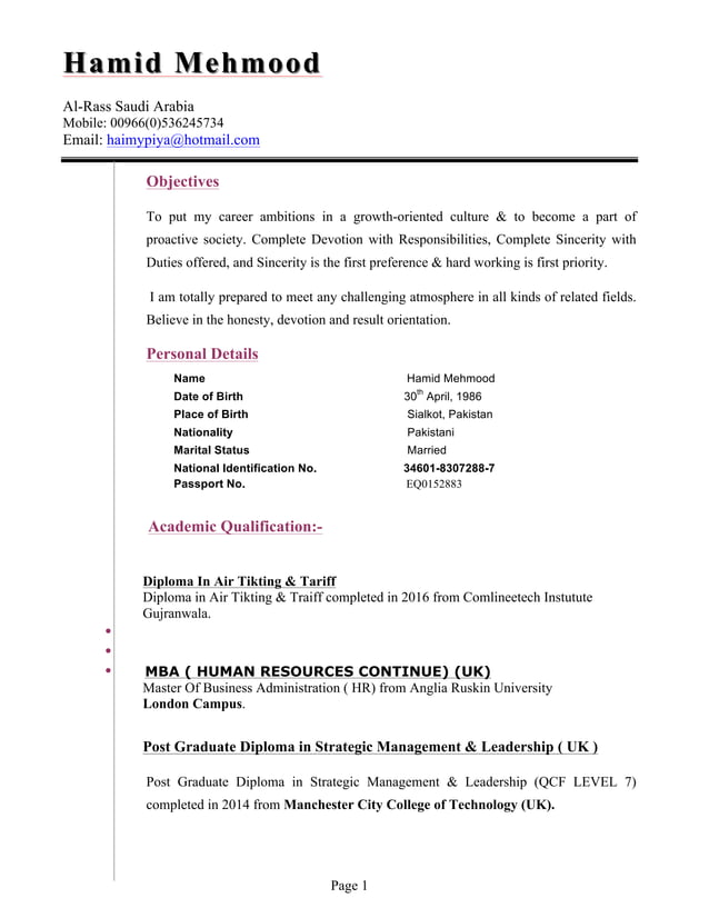 Hamid Mehmood cv updated | PDF | Business Administration | Business