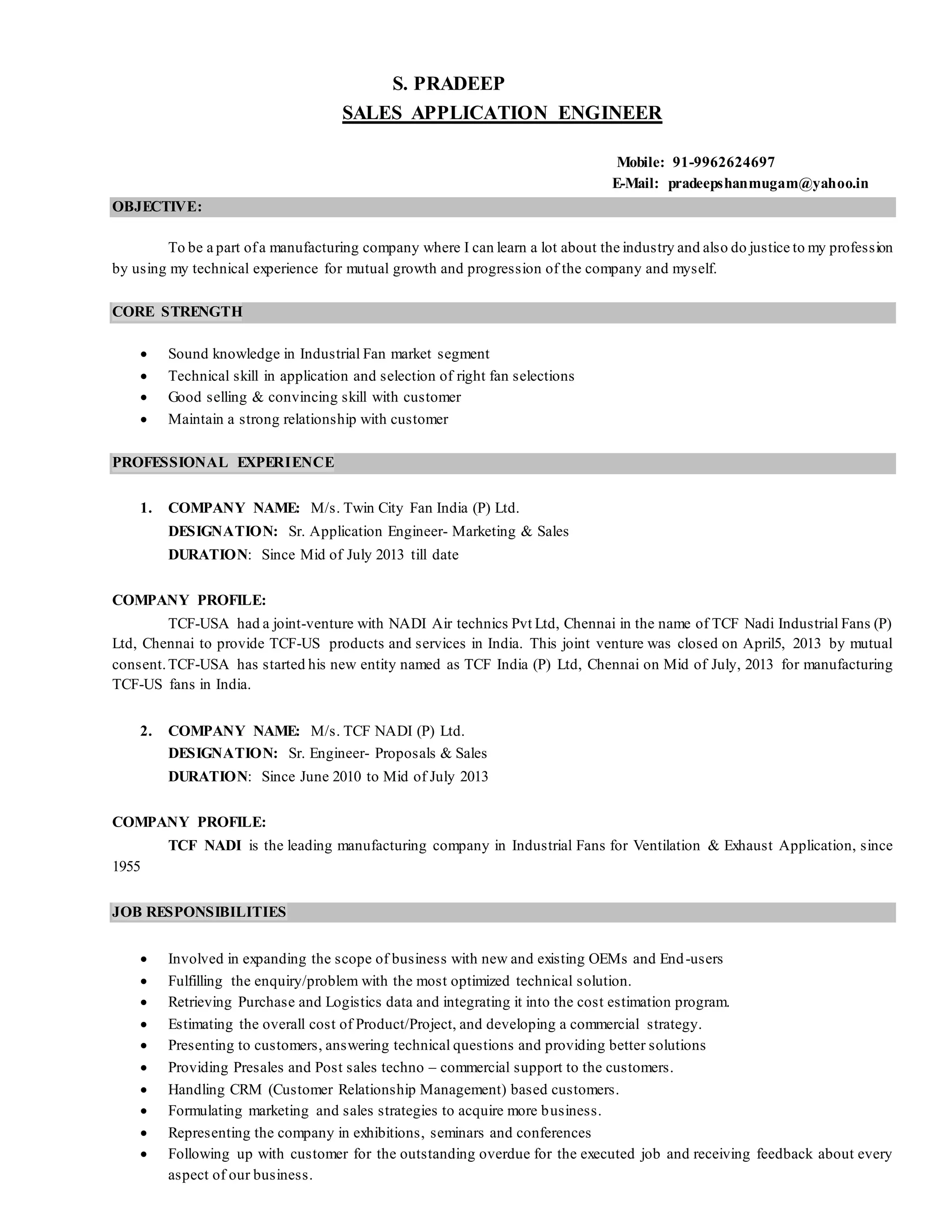 S PRADEEP CV- MARKETING & SALES | DOCX