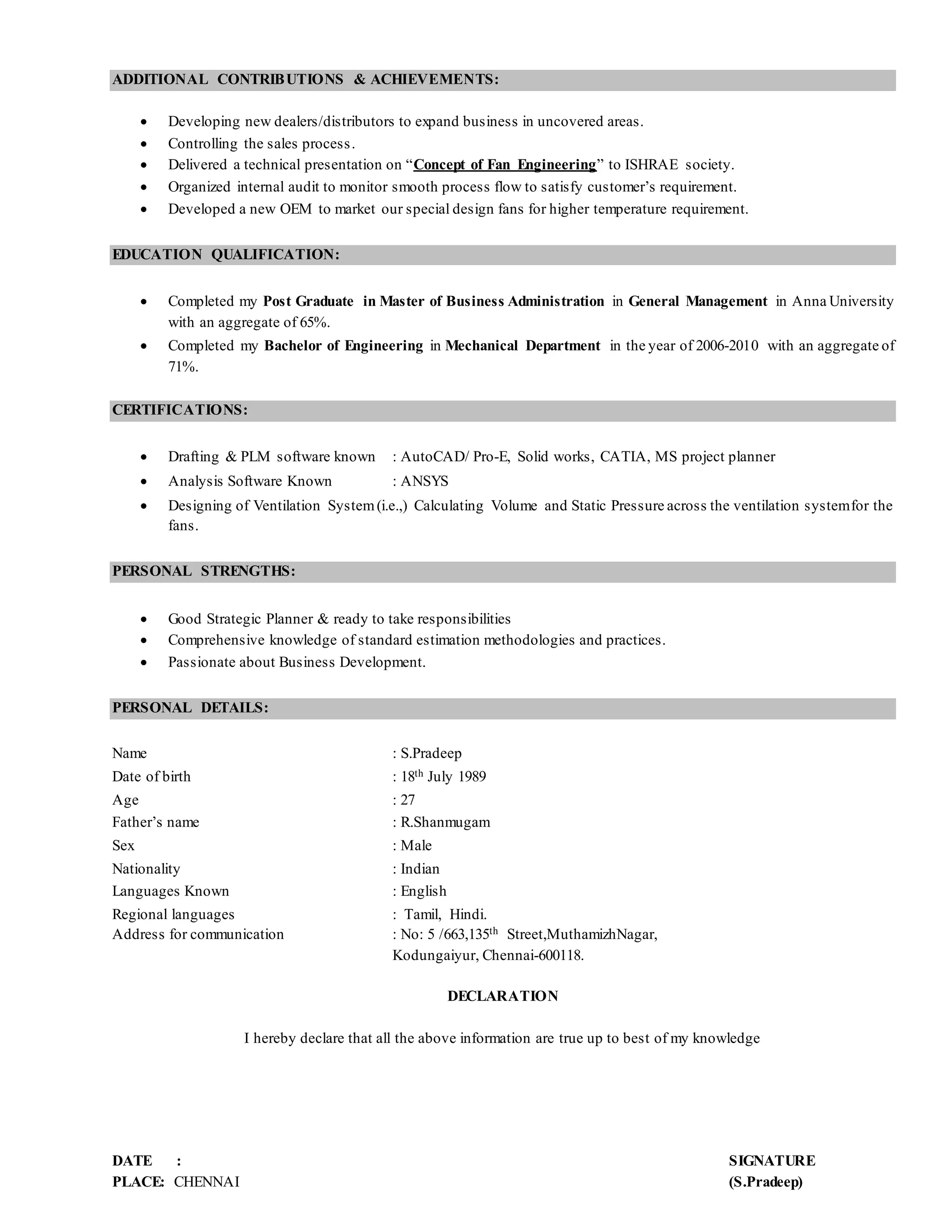 S PRADEEP CV- MARKETING & SALES | DOCX