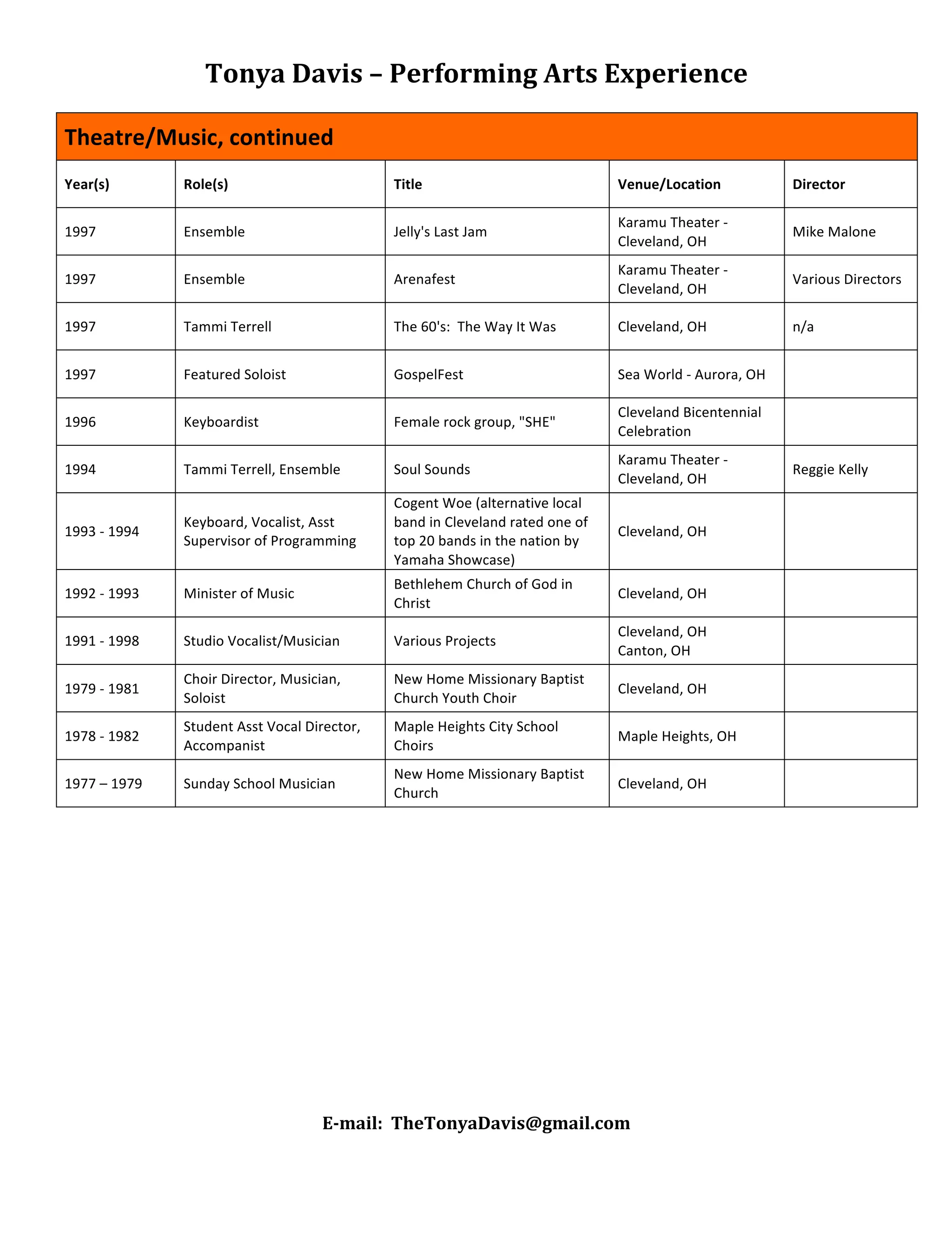 Tonya Davis Performing Arts Experience | PDF