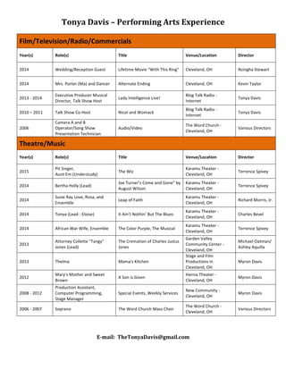 Tonya Davis Performing Arts Experience | PDF