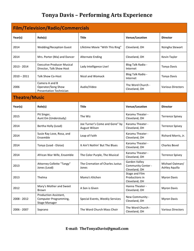 Tonya Davis Performing Arts Experience | PDF