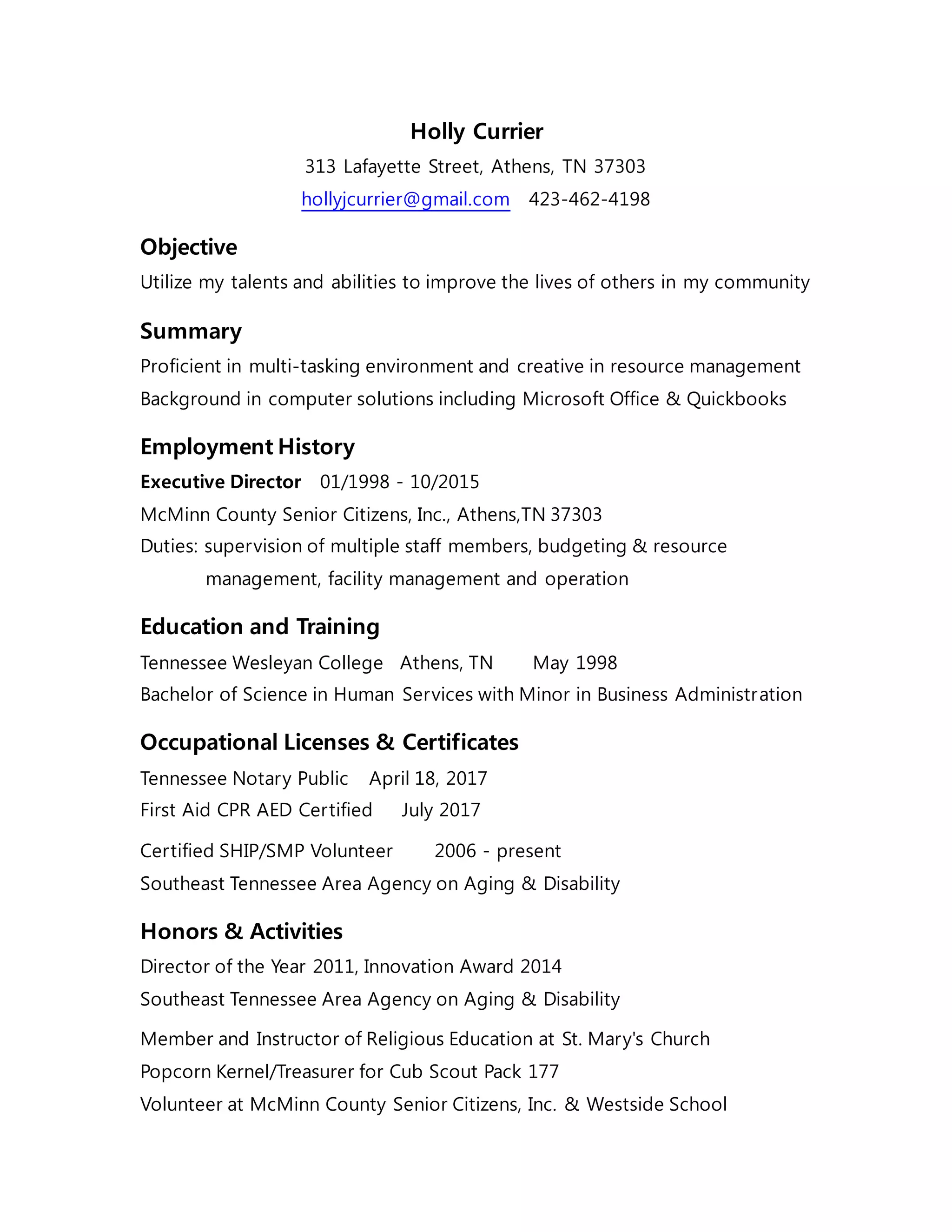 Simple Resume Holly Currier 2 | DOCX | Eldercare | Family and Relationships