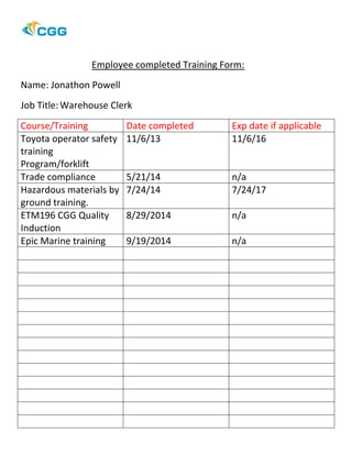 Employee completed Training Form | DOCX