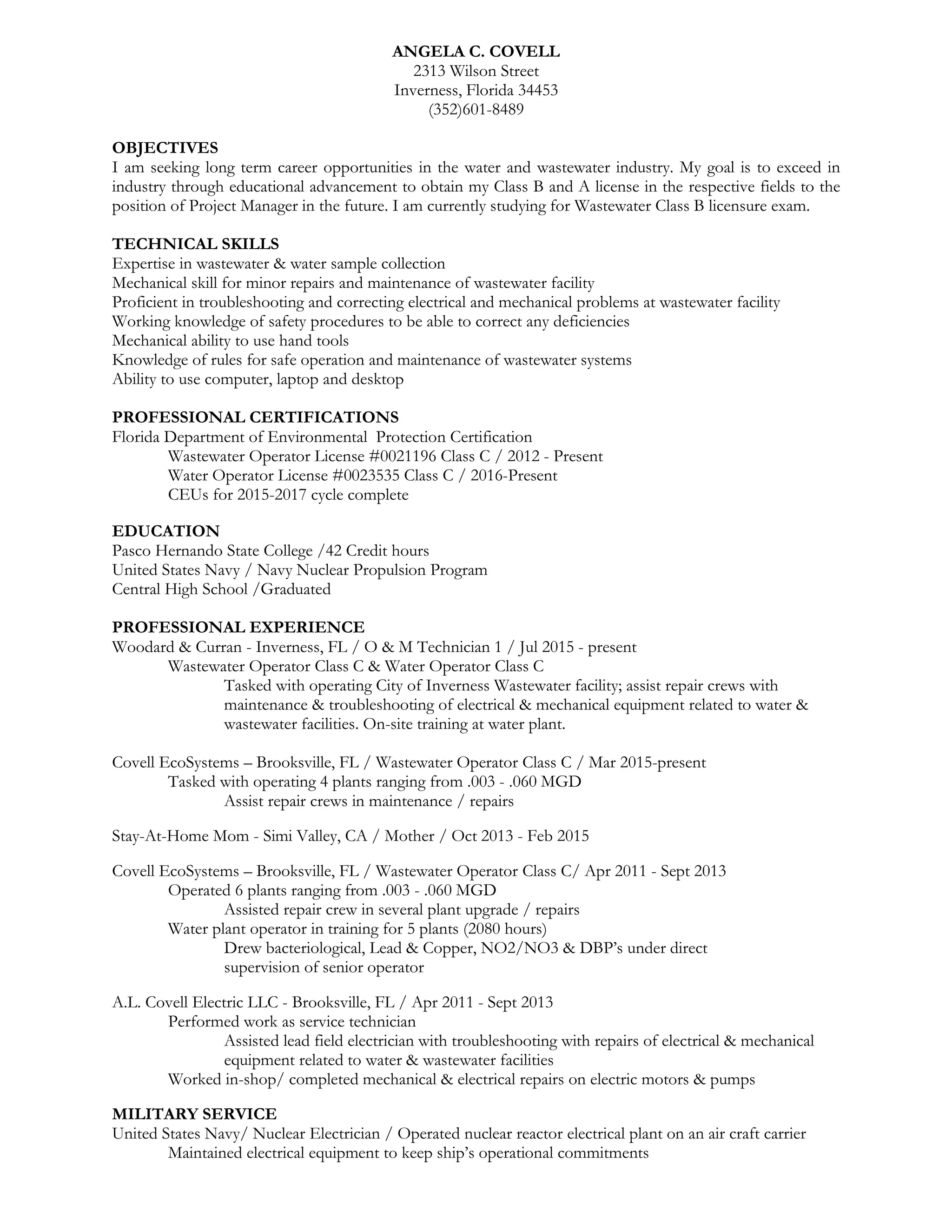 covell.angela.resume.wastewater&water.mechanical.electrical | PDF