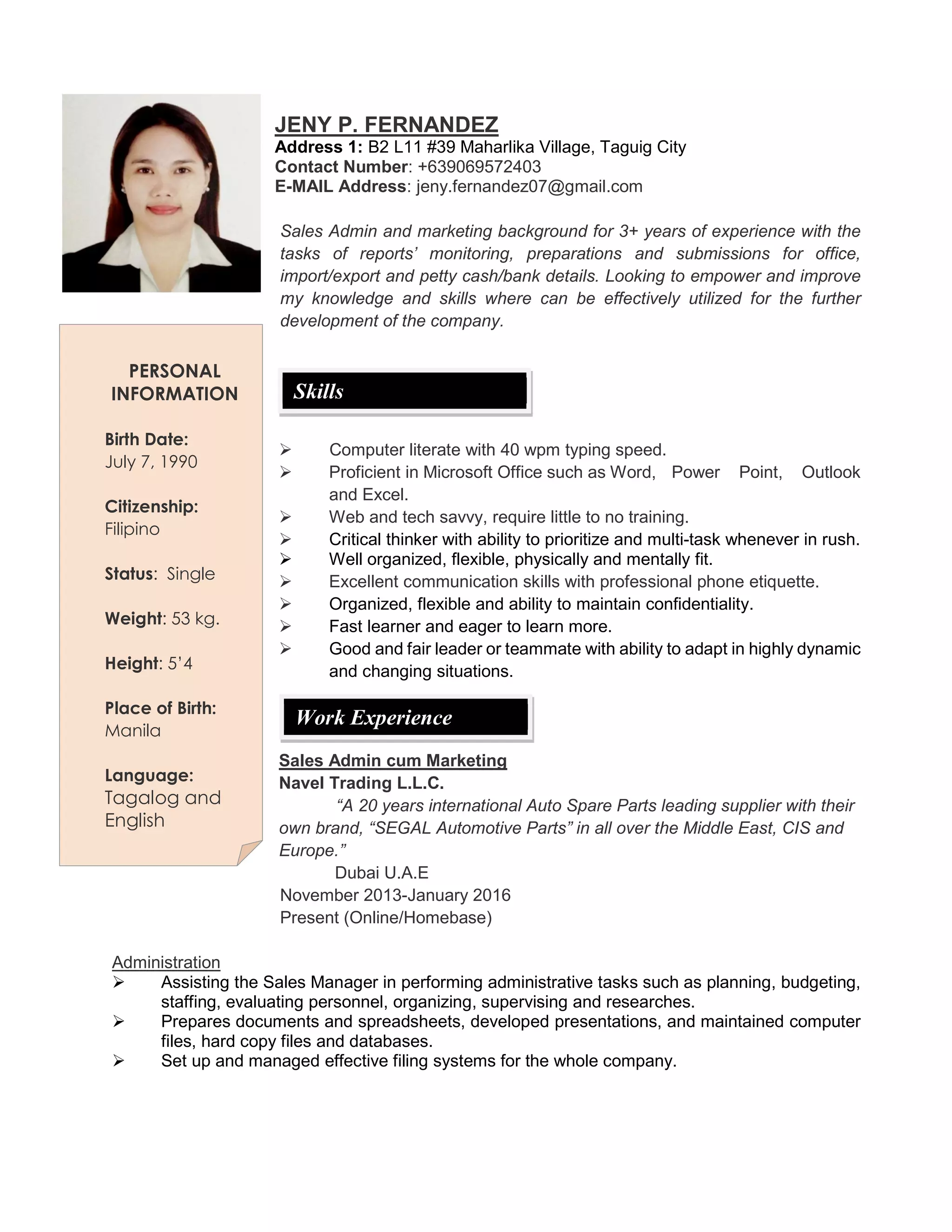 CV Ms. Fernandez | PDF | Sales | Business