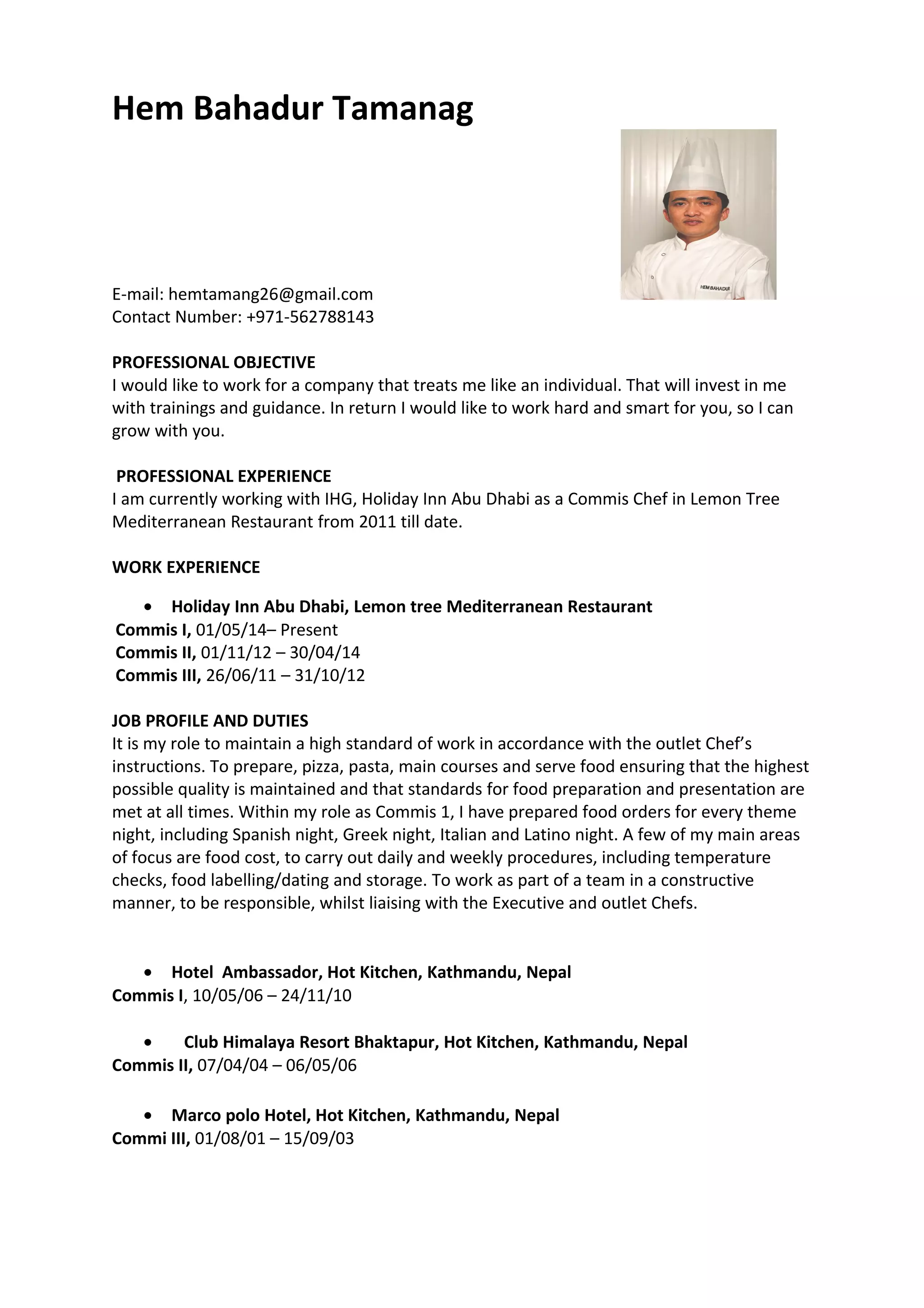 Hem Bahadur CV 2016 (1) | DOC | Cooking | Food & Drink