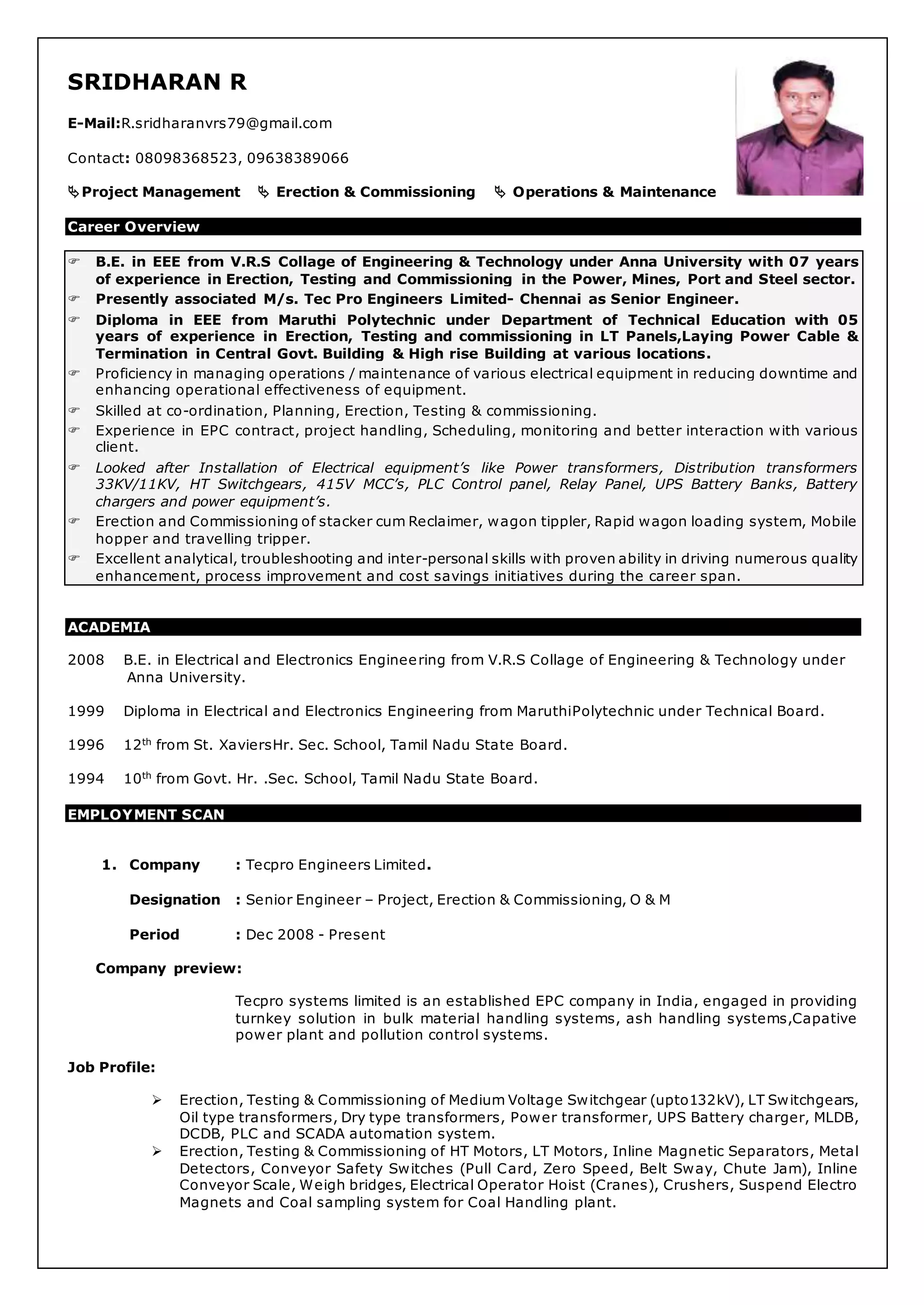 SRIDHARAN.R RESUME | DOCX