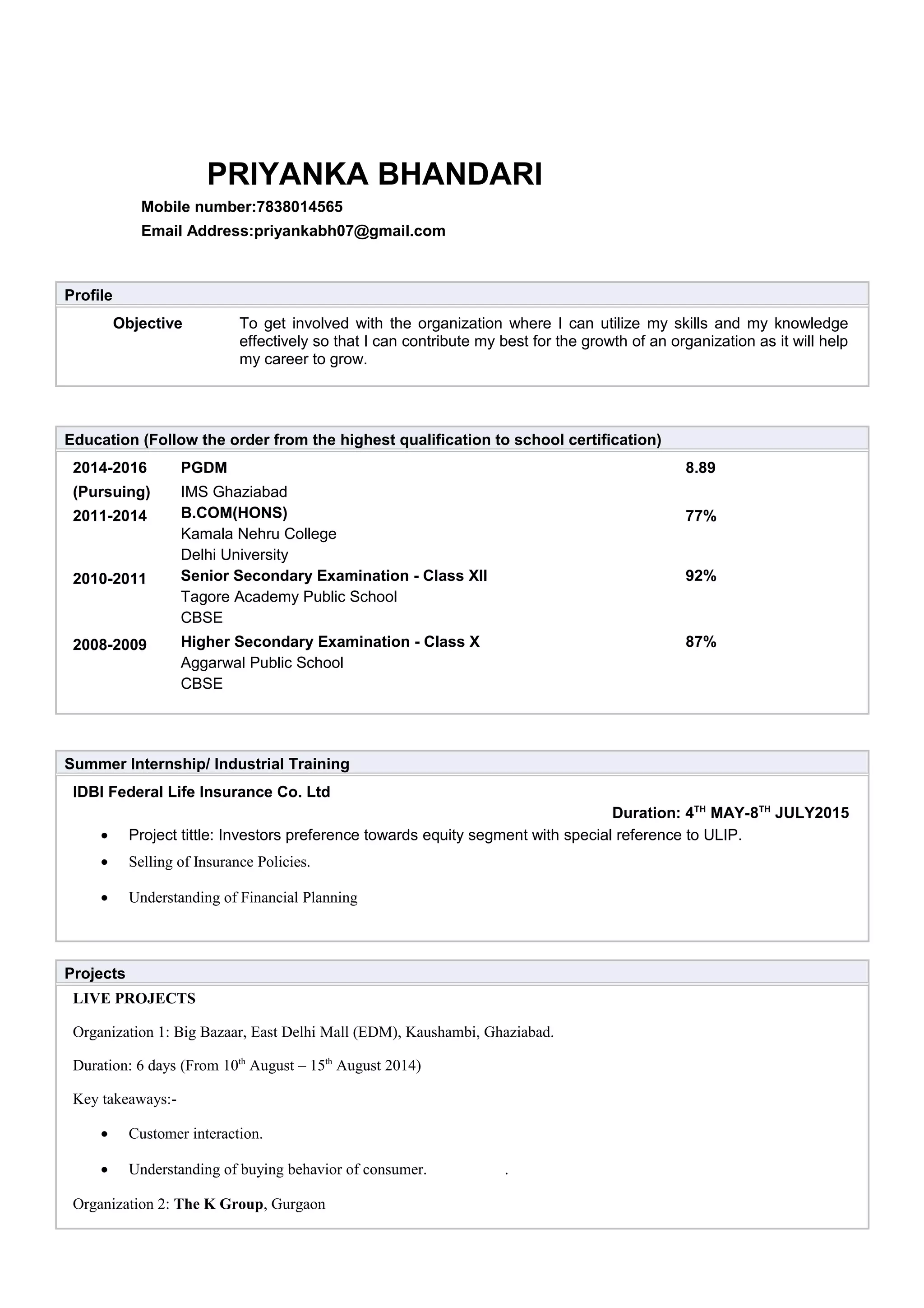 PRIYANKA BHANDARI RESUME | PDF