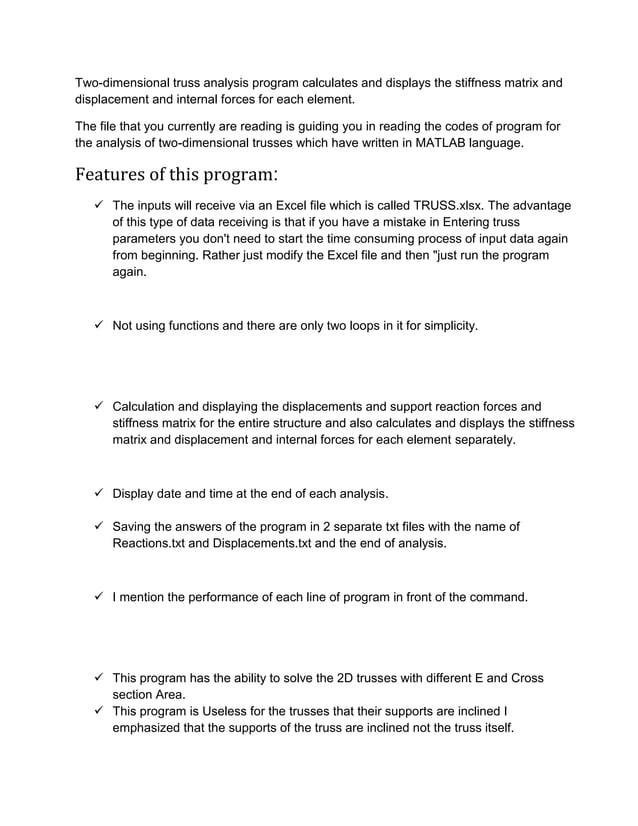Manual for the MATLAB program to solve the 2D truss | PDF | Science