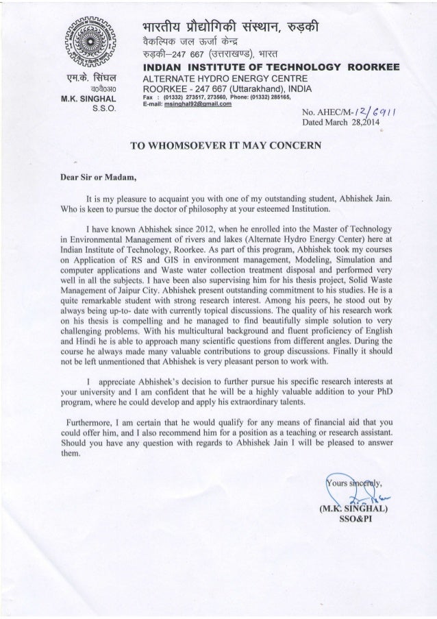 Recommendation By S.S.O M.K. Singhal IIT Roorkee