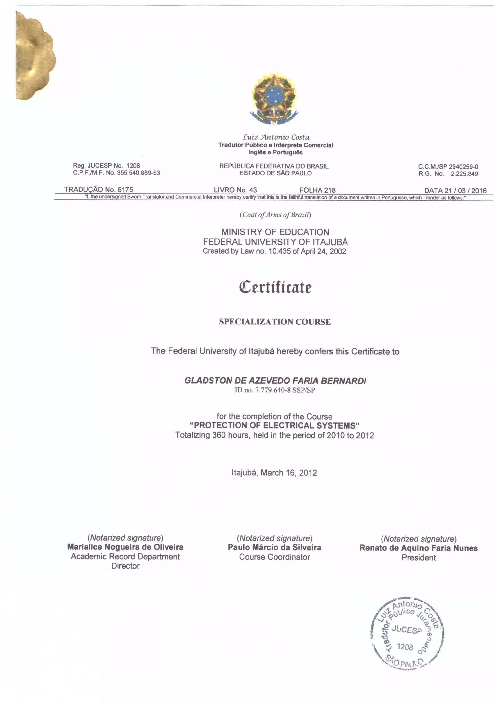 Certificate of Specialization Course on Protection of Electrical Power ...