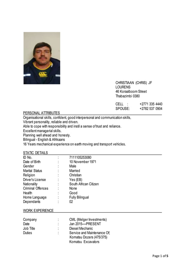 CJF Lourens Resume | DOCX | Commercial Trucks | Auto Body Styles