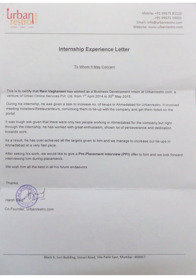 Work Experience Letter From Company