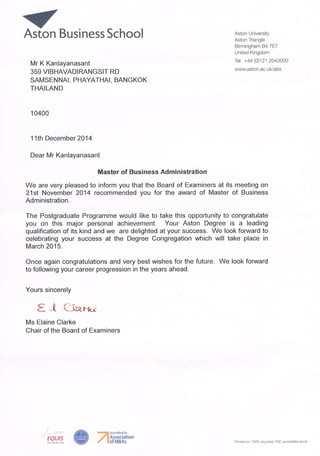 Graduation letter (Master degree)-Mr.Karn Kanlayanasant | PDF