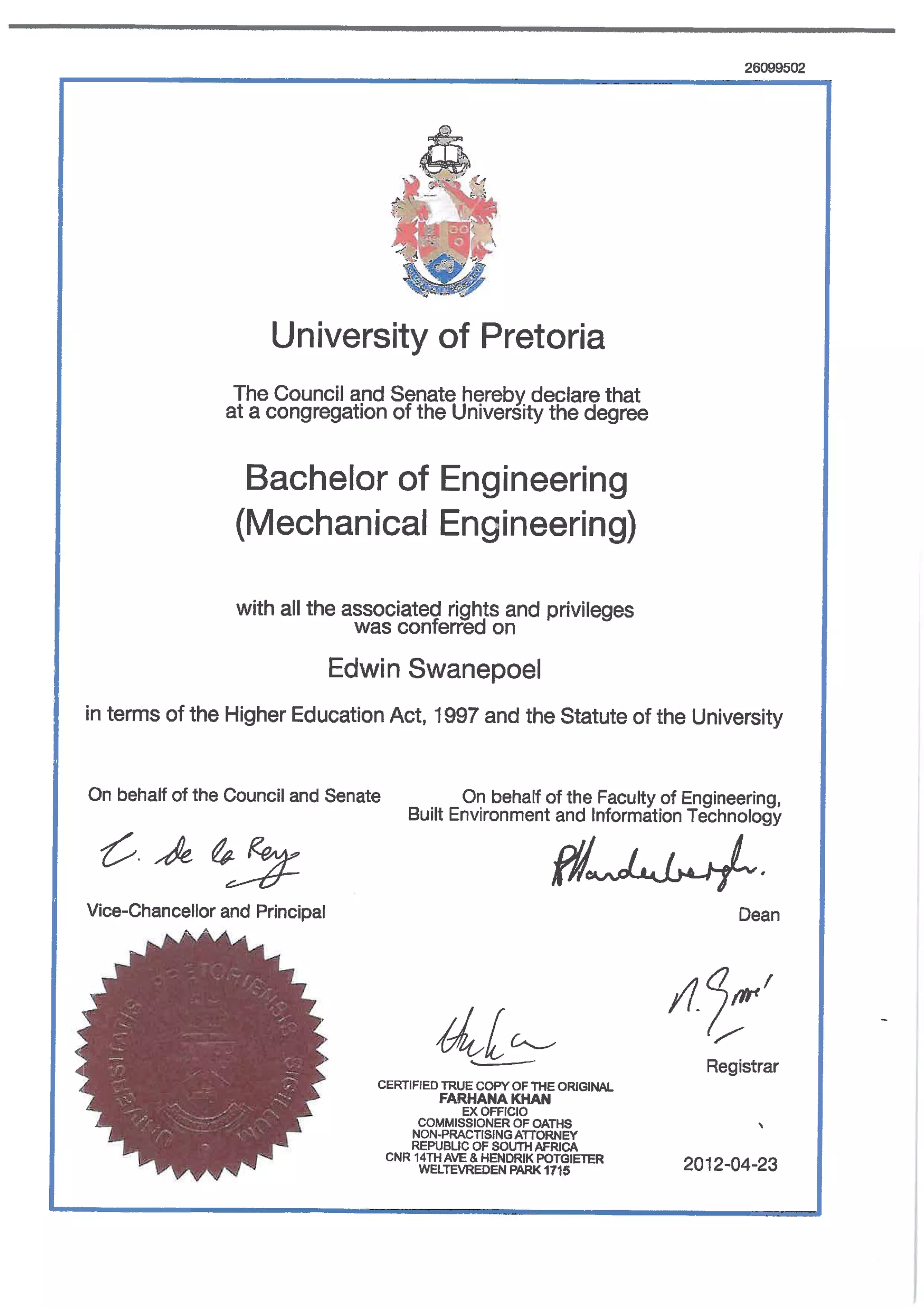 Edwin Swanepoel Certified Copy of Degree | PDF