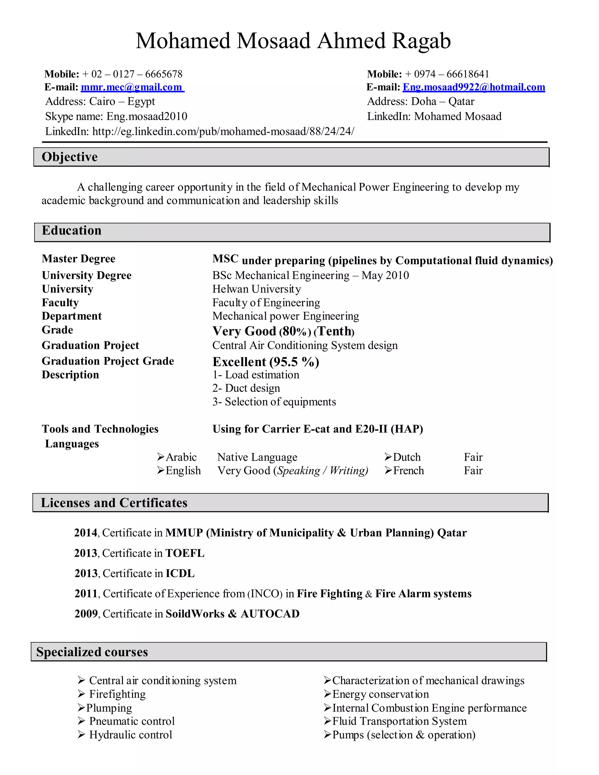 MOHAMED MOSAAD CV - MEP | PDF | Civil Engineering Industry | Industries