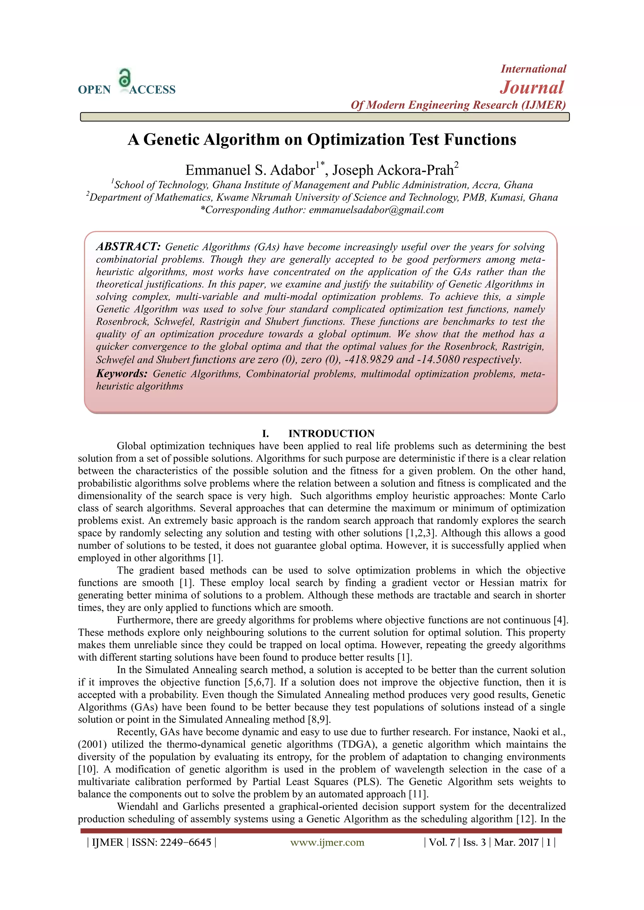 A Genetic Algorithm On Optimization Test Functions Pdf Genetics