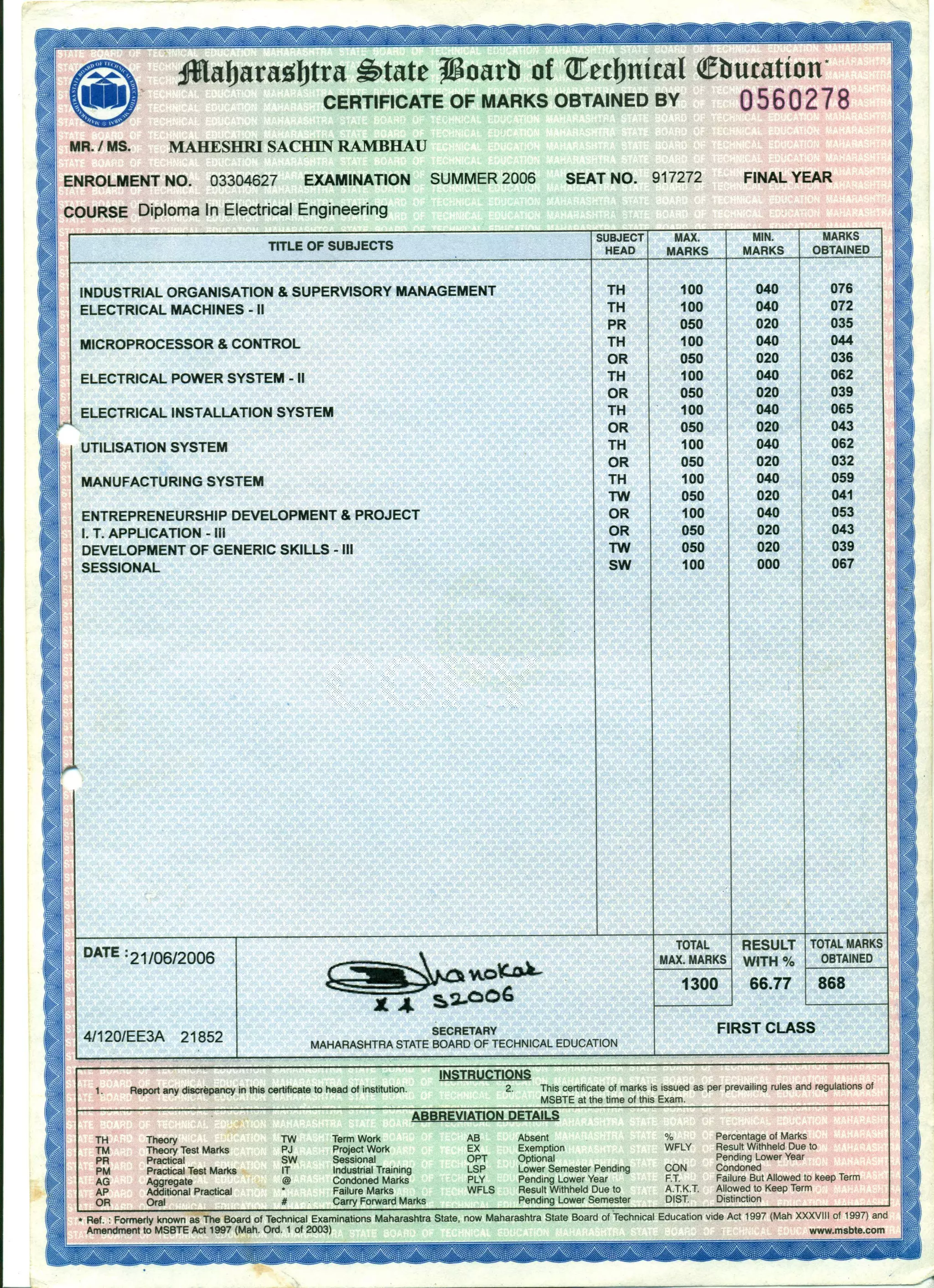 DIPLOMA FINAL MARKSHEET | PDF