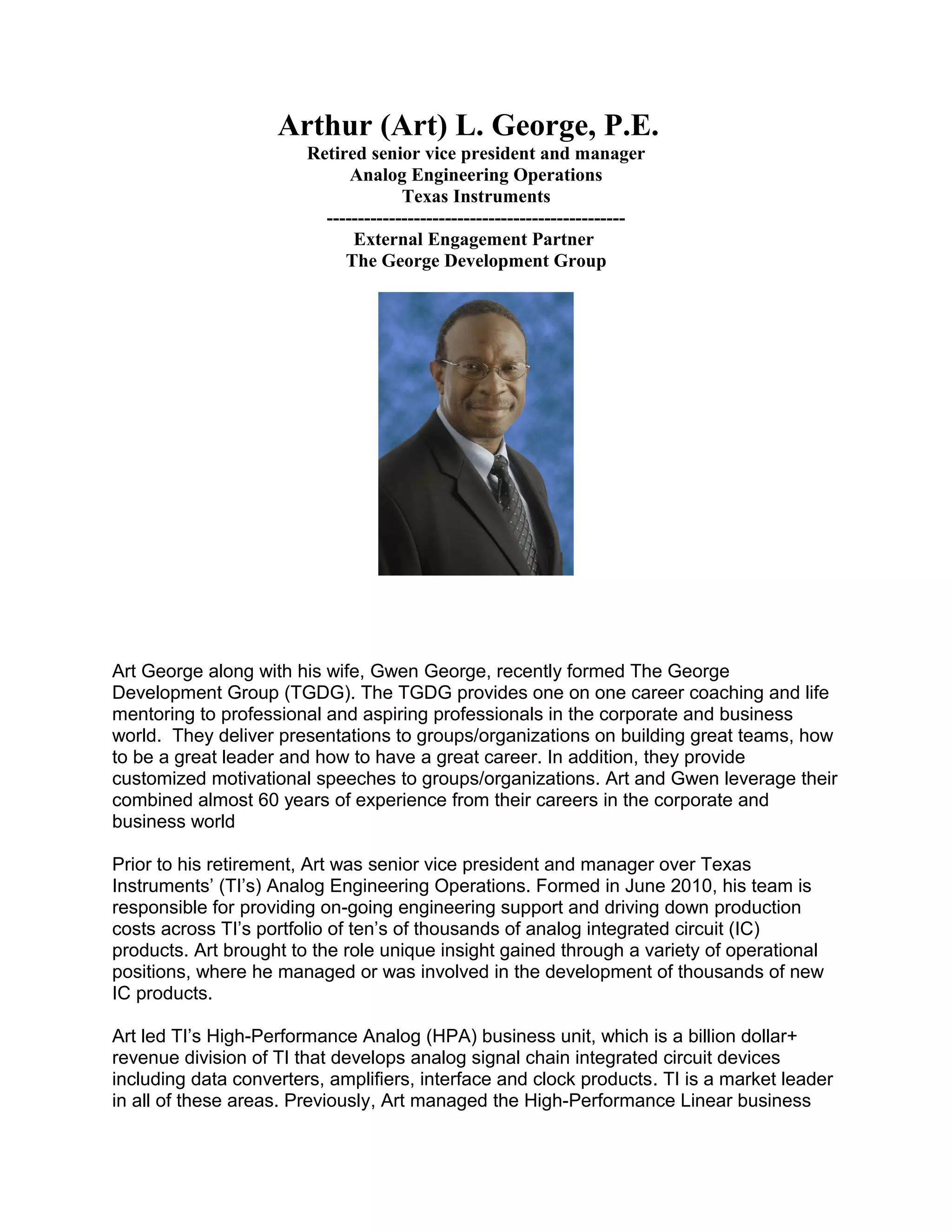 Art George bio Feb 2014_TGDG | DOC | Technology & Computing
