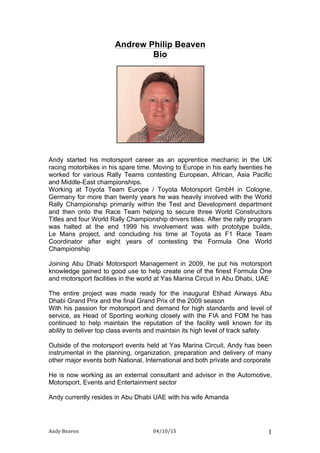 BIO Andy Beaven Jan 2016 | PDF | Auto Racing | Sports
