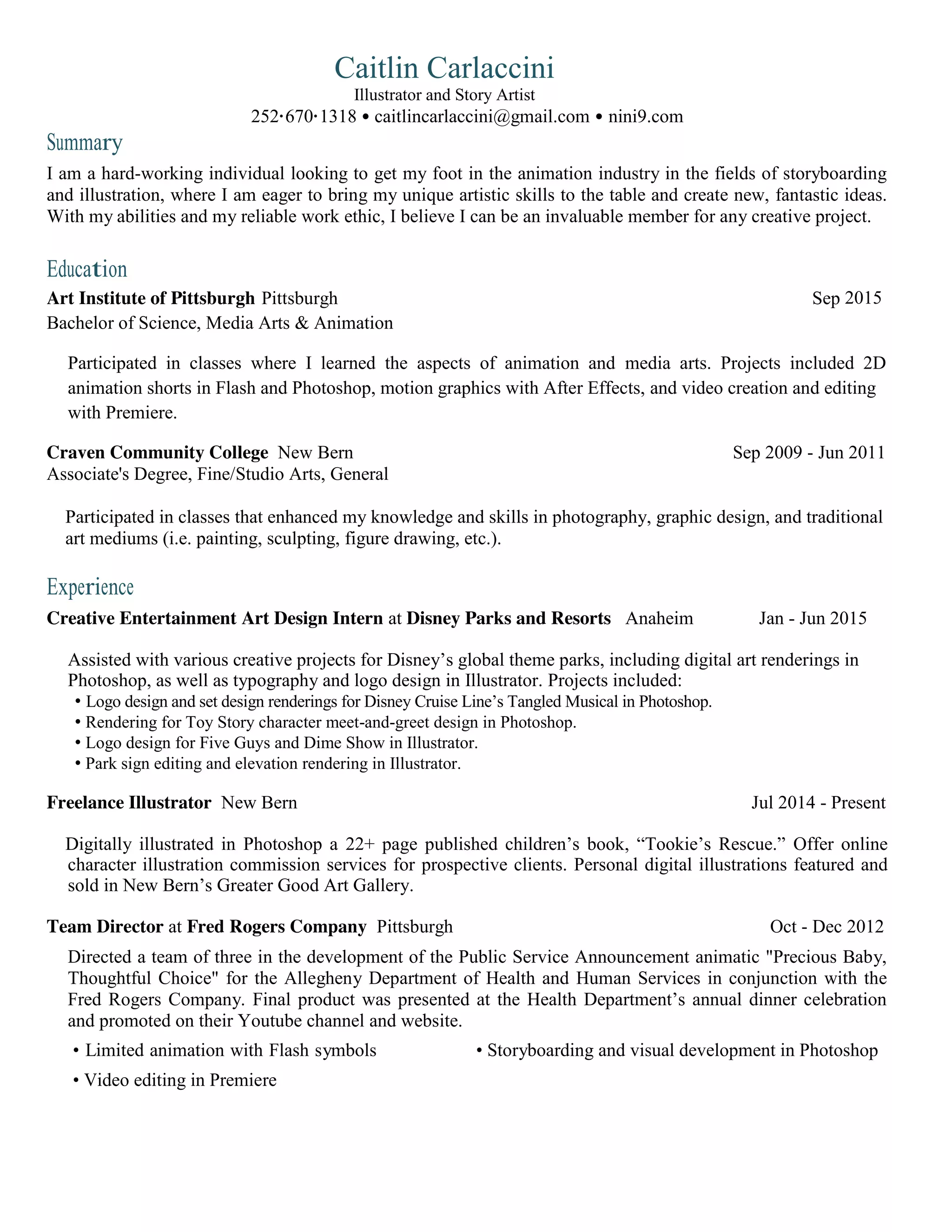 caitlincarlaccini_resume2016 | PDF | Computer Animation | Computer Software and Applications