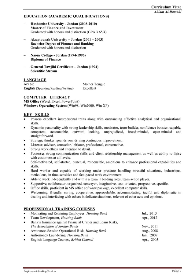 CV Ahlam Al-Ramahi (Sep 2015) | PDF | Home Financing | Personal Debt