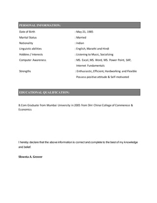 Shweta Grover CV - revised (1) | PDF
