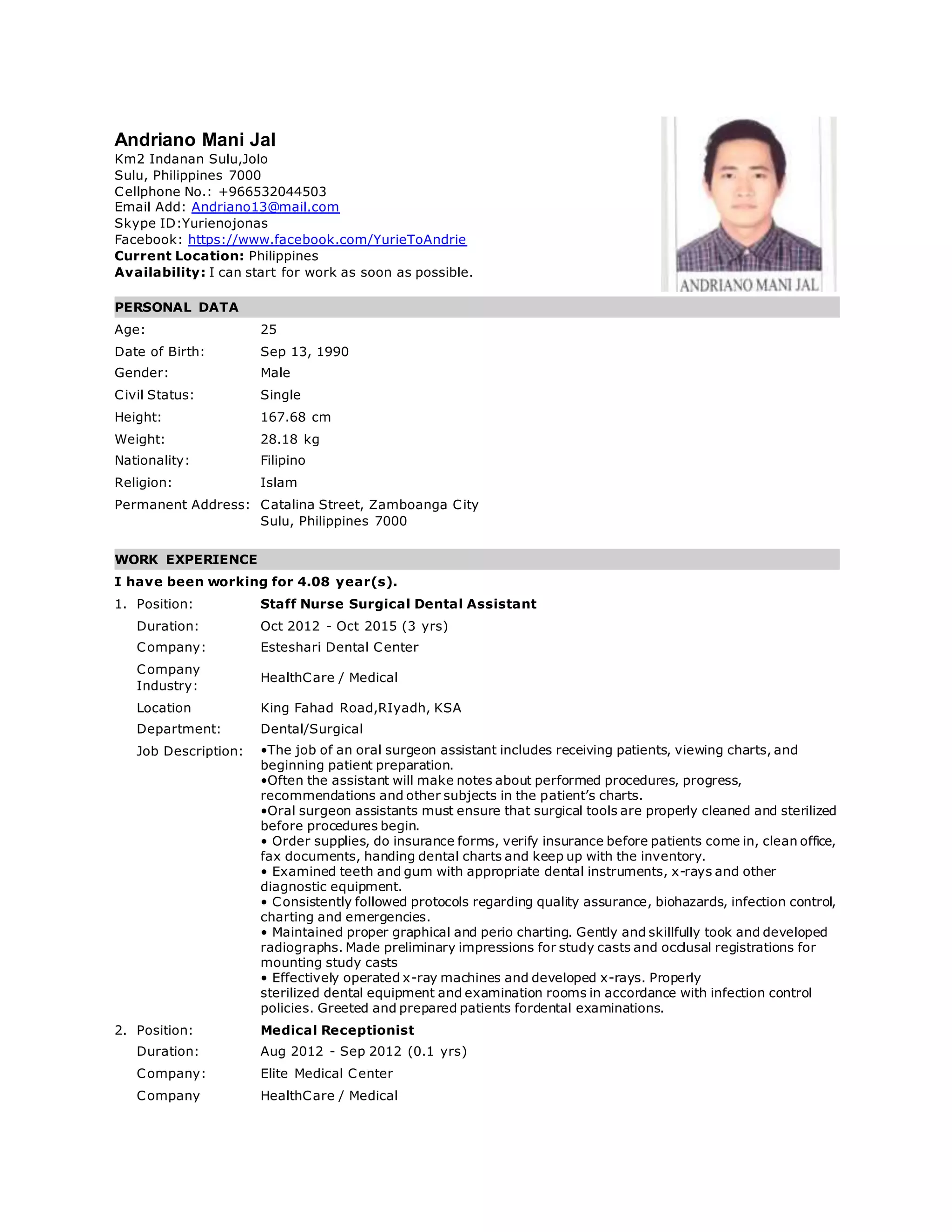 Andriano Mani Jal Resume | DOCX | Dental Health | Diseases and Conditions
