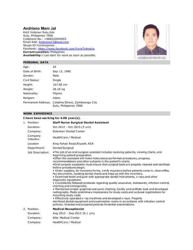 Andriano Mani Jal Resume | DOCX | Dental Health | Diseases and Conditions