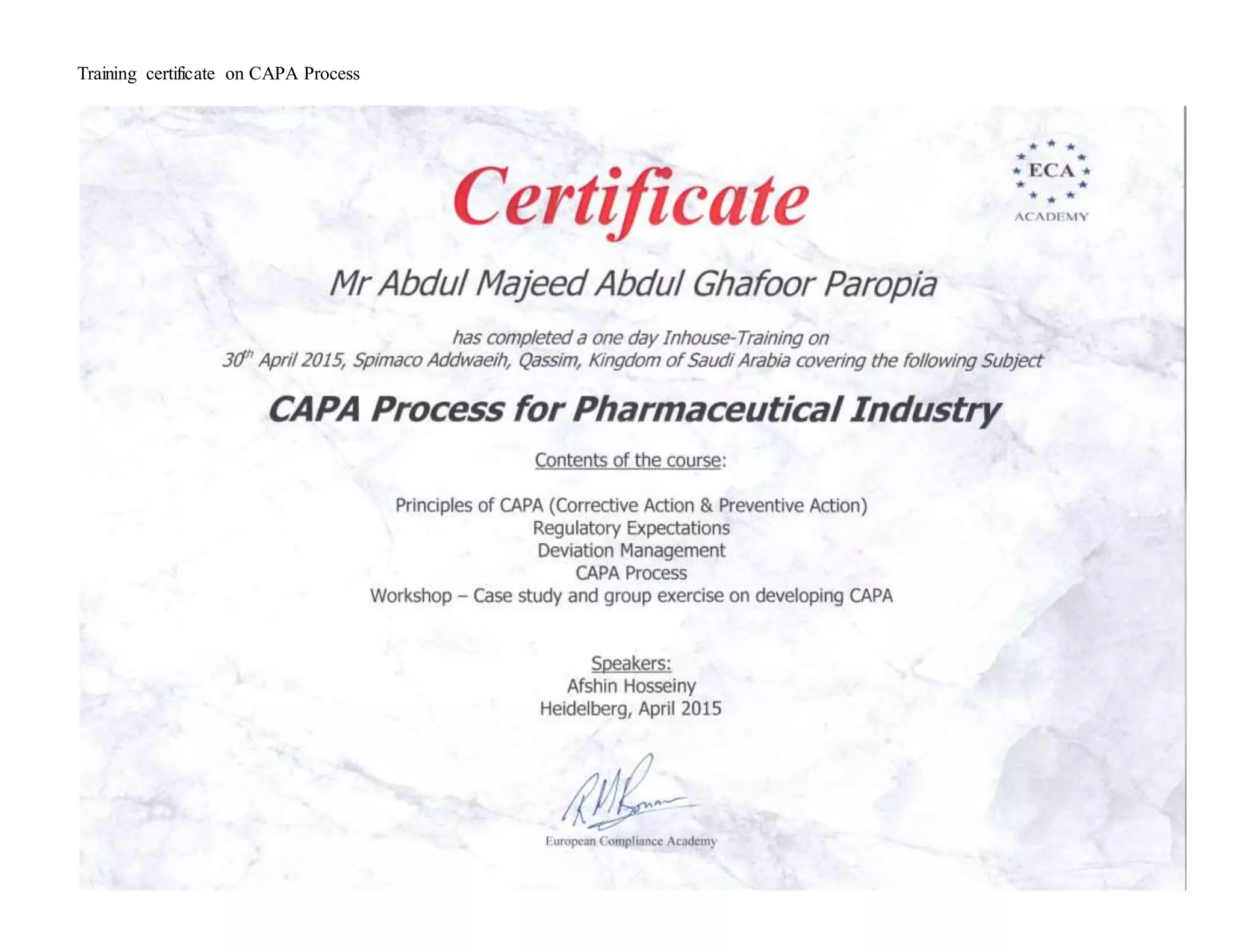 Training certificate on CAPA Process | DOCX
