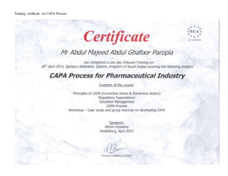 Training certificate on CAPA Process | DOCX