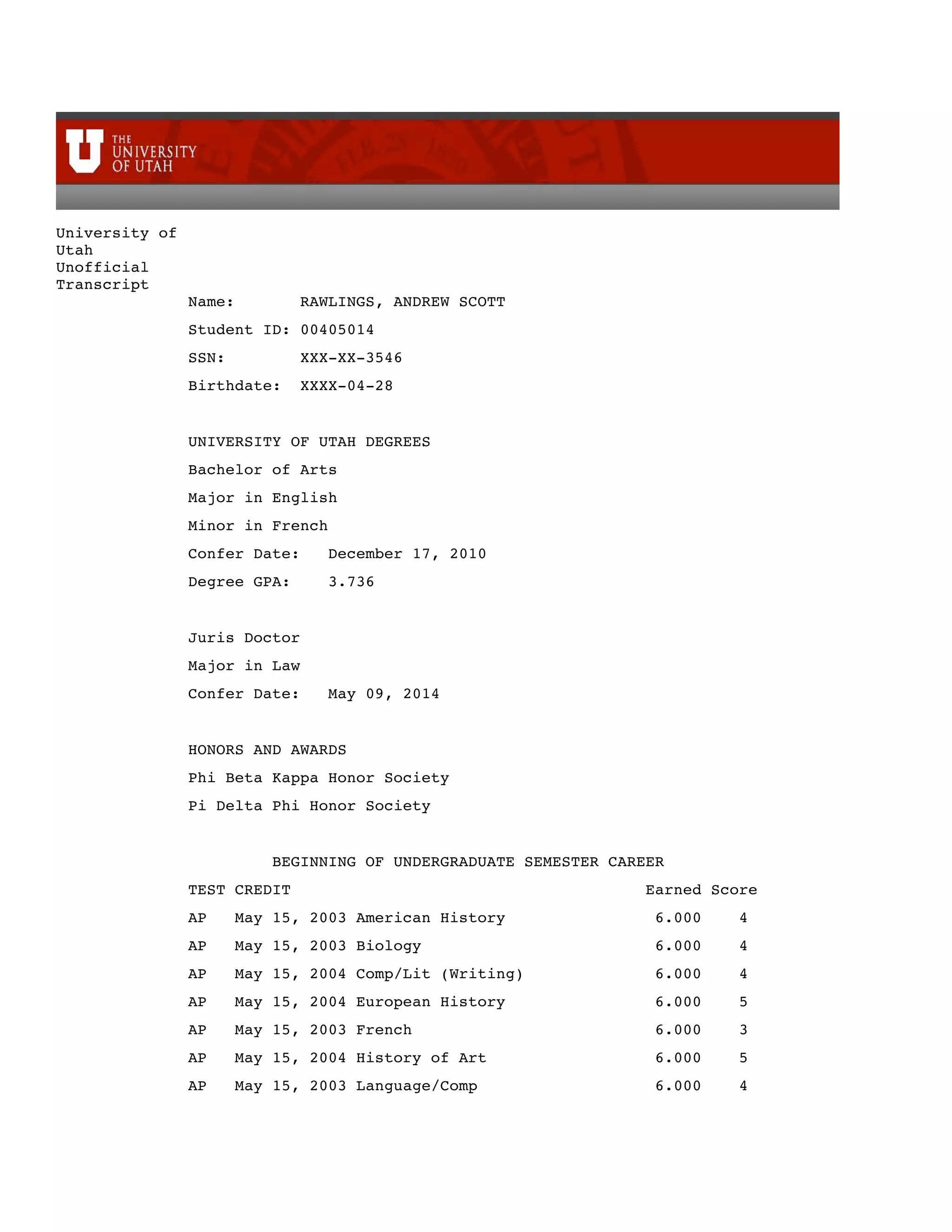 Andrew Rawlings - Transcripts from Law School and Undergrad | PDF