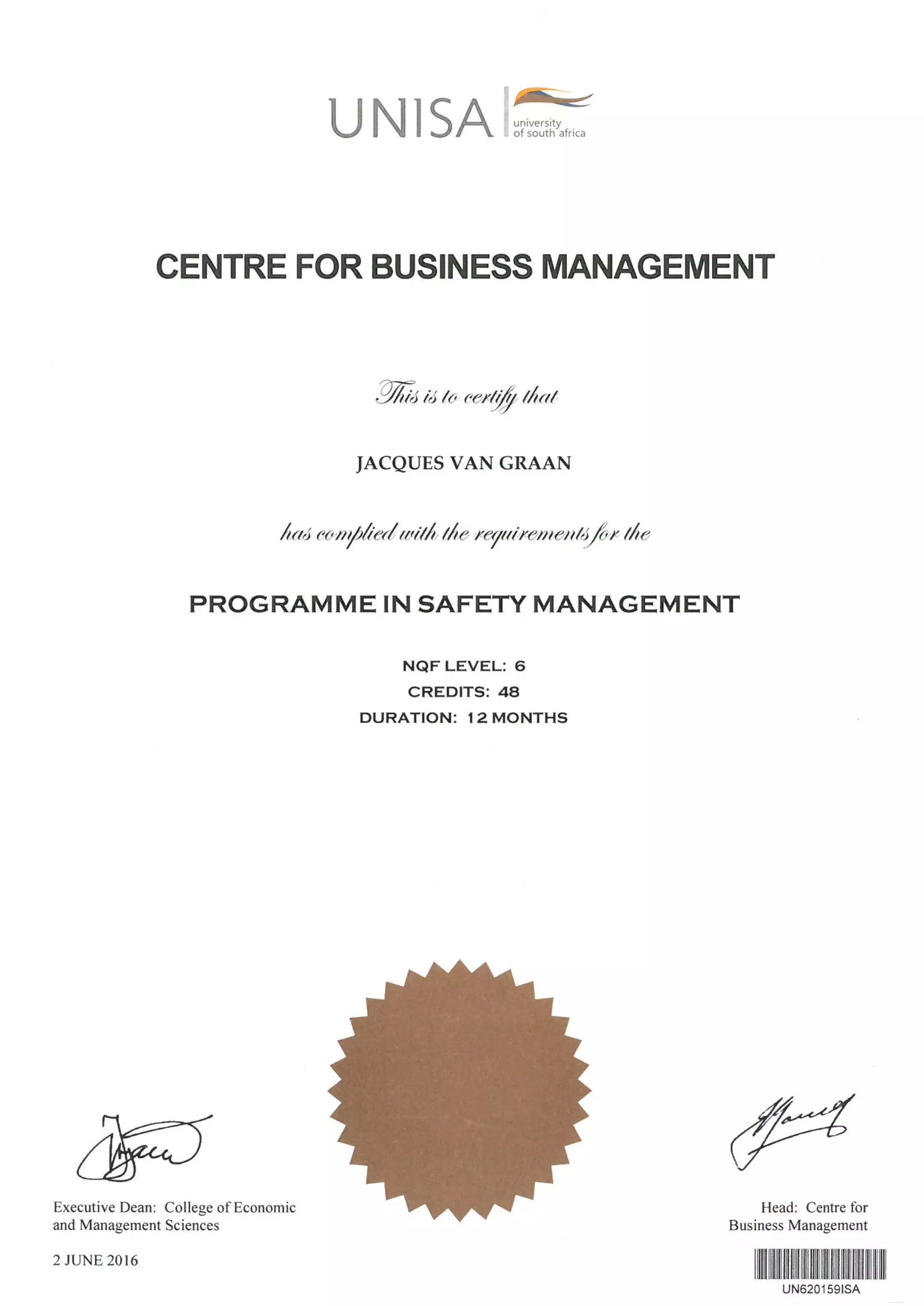 J van Graan UNISA safety management | PDF