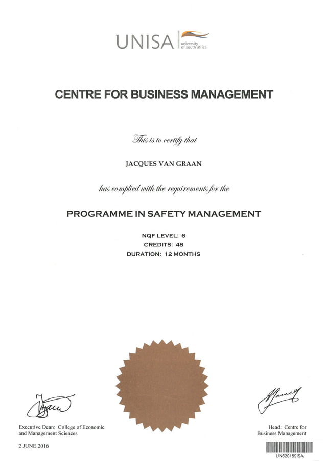J van Graan UNISA safety management | PDF