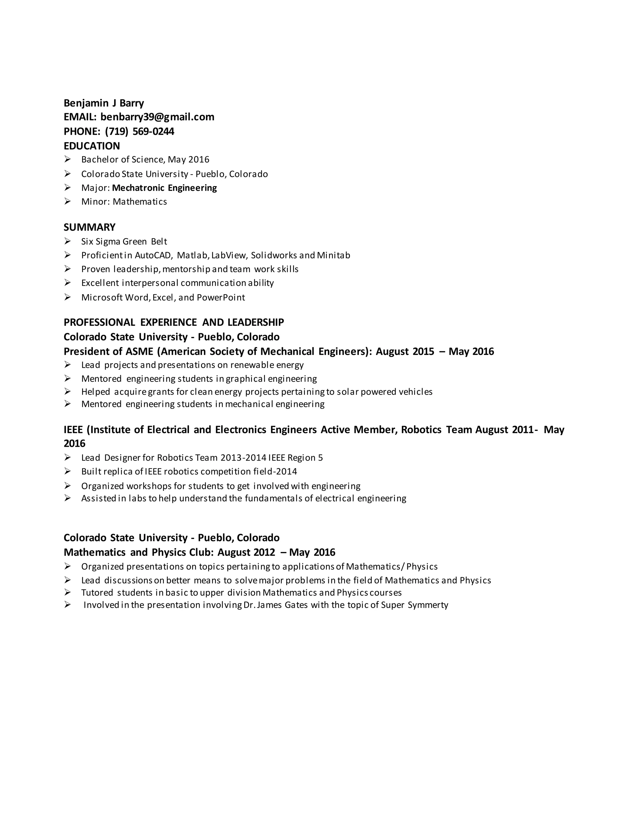 Benjamin J Barry Resume | DOCX