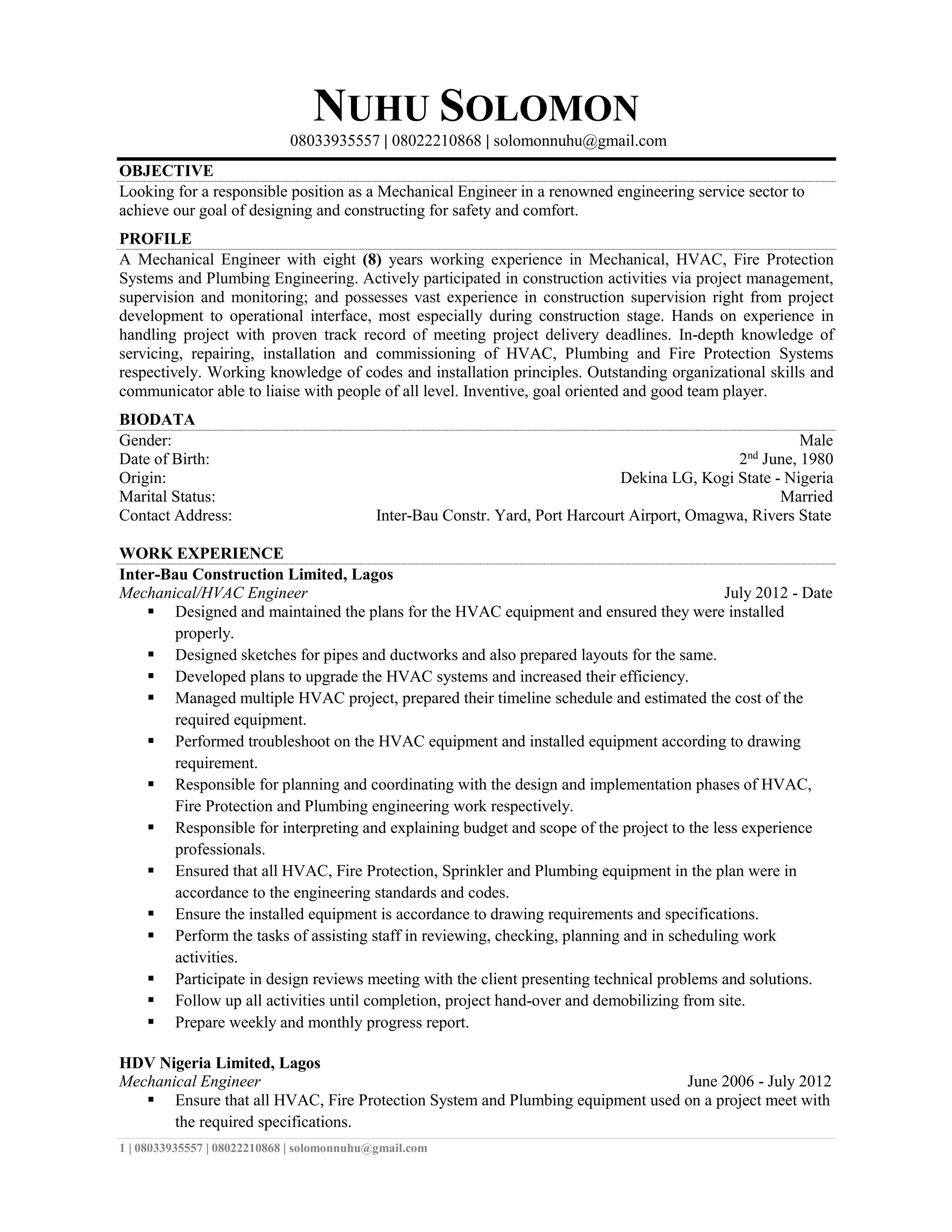 Engr Nuhu Solomon Updated CV v1 | PDF
