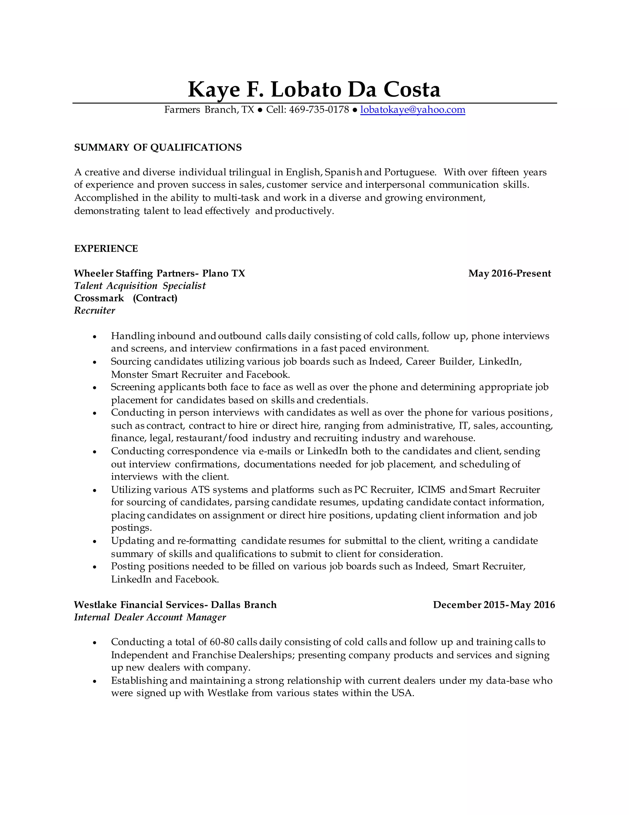 Kaye Lobato Da Costa Resume | PDF