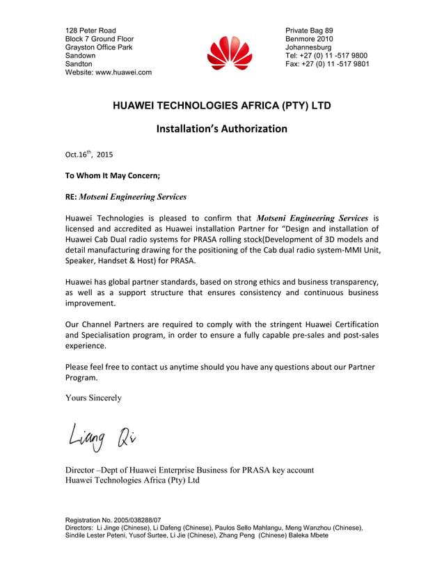 Partner Letter - Installation Authorisation | PDF