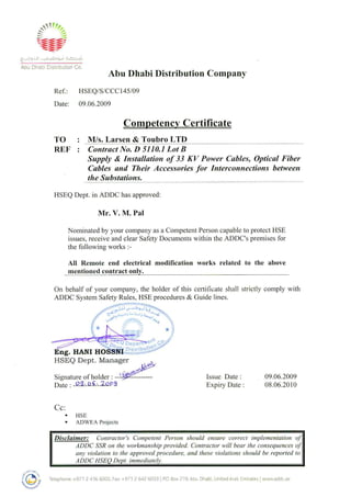 ADDC competency certificate for ADWEA project D5110 | PDF