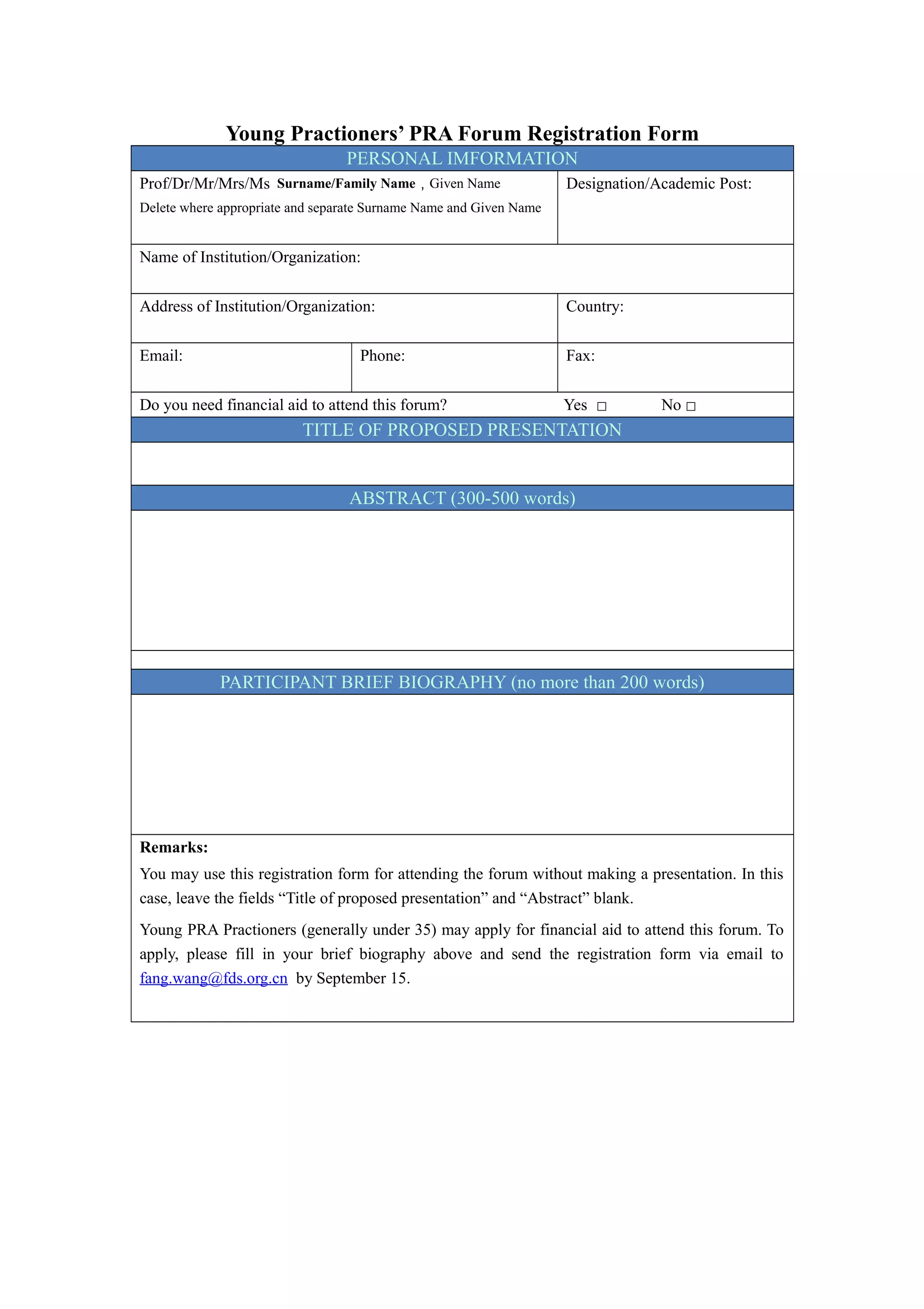 1st Asia-Pacific Young Practioners’PRA Forum Registration Form | DOC