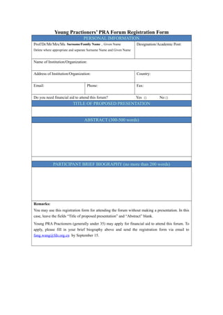 1st Asia-Pacific Young Practioners’PRA Forum Registration Form | DOC