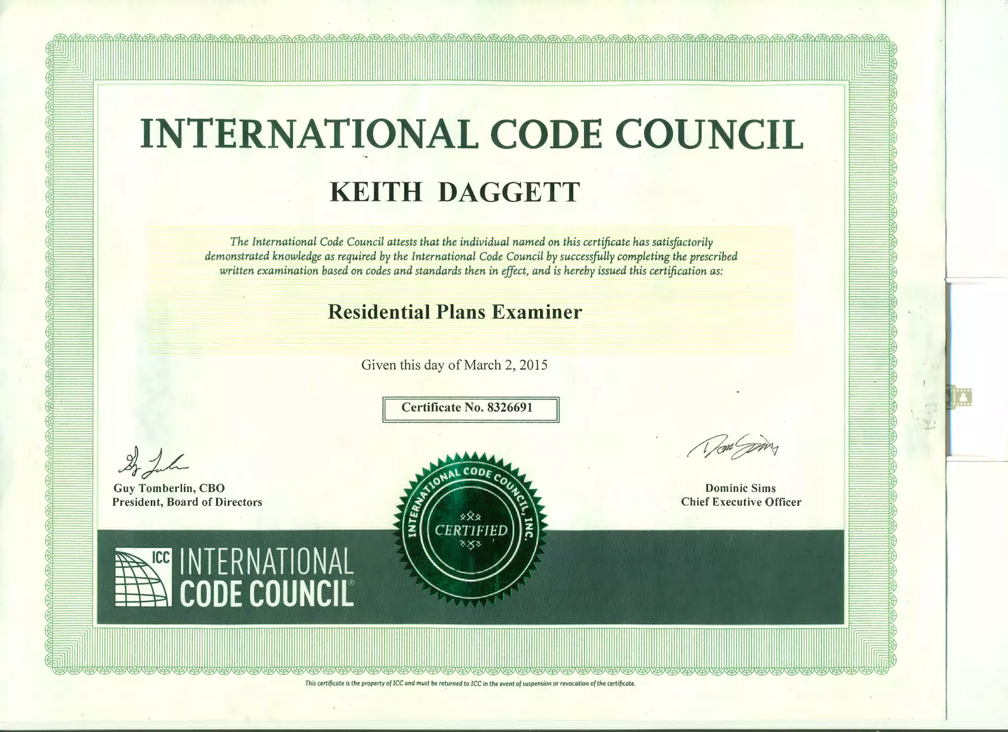 ICC Certificate-Keith Daggett | PDF