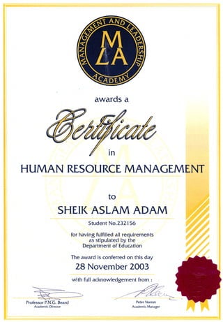 MLA HR Certificate | PDF