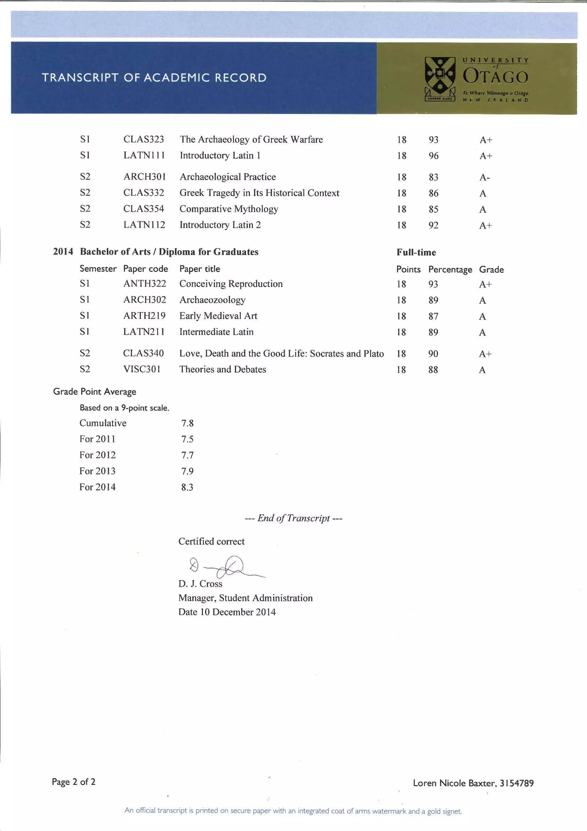 Final Otago Transcript PDF | PDF