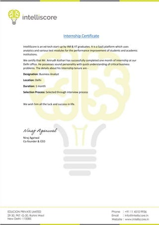 Internship Certificate_Anirudh Kothari | PDF